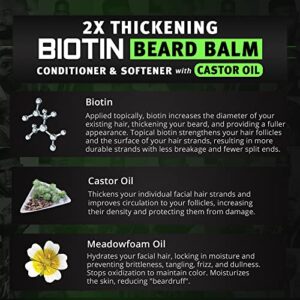 2X Thickening BIOTIN Beard Balm for Men / Mustache Wax for Thicker Facial Hair Growth - Leave in Conditioner - Softener - Moisturizer - All Natural Care Treatment - Castor Oil - BBS USA Vegan Product