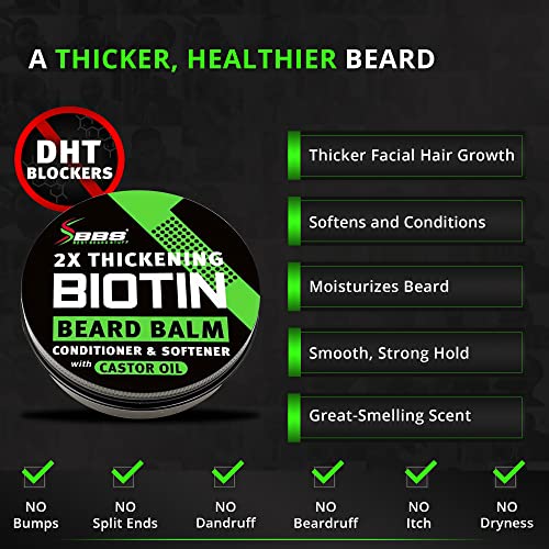 2X Thickening BIOTIN Beard Balm for Men / Mustache Wax for Thicker Facial Hair Growth - Leave in Conditioner - Softener - Moisturizer - All Natural Care Treatment - Castor Oil - BBS USA Vegan Product