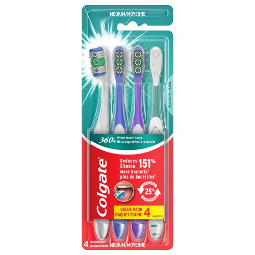 Colgate 360 Whole Mouth Clean , Medium Toothbrush for Adults, 4 Pack