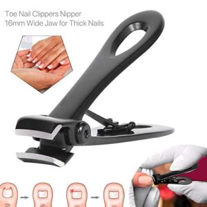 Nail Clippers 16mm Wide Large Jaw Opening for Thick Nail Stainless Steel Black Fingernail and Toenail Nipper Cutter Podiatry Trimmer Pedicure Manicure Kit