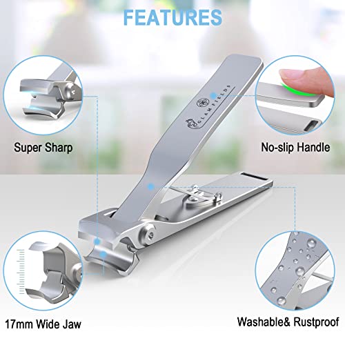 GLAMFIELDS Nail Clippers, 17mm Wide Jaw Opening Toenail Clippers for Seniors Thick Toenails/Ingrown Toenail Treatment, Heavy Duty Fingernail Clipper for Manicure, Pedicure, Men & Women Big(Silver)