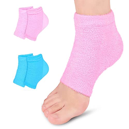 Moisturizing Gel Heel Sleeves - 2 Pairs Gel Lined Fuzzy Toeless Spa Socks for Cracked Heels, Dry feet While You Sleep