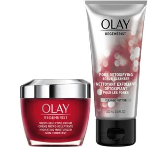 face wash by olay regenerist advanced anti-aging pore scrub cleanser (5.0 oz) and micro-sculpting face moisturizer cream (1.7 oz) skin care duo pack, total 6.7 ounces packaging may vary