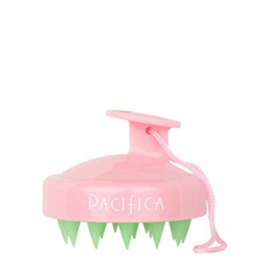 pacifica beauty | clarifying shampoo brush | exfoliating scalp massager | flexible silicone brushes | ergonomic handle | hair care / scalp care | waterproof | pink + green | vegan