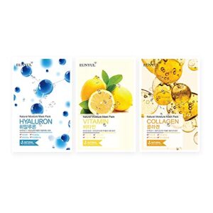 EUNYUL [PACK OF 10] Natural Sheet Mask Pack 10 types Korean Skincare Facial Mask Pack Aloe, Collagen, Pearl, Hyaluron, Avocado, Pomegranate, Vitamin, Blueberry, Green Tea, Cucumber