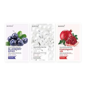 EUNYUL [PACK OF 10] Natural Sheet Mask Pack 10 types Korean Skincare Facial Mask Pack Aloe, Collagen, Pearl, Hyaluron, Avocado, Pomegranate, Vitamin, Blueberry, Green Tea, Cucumber