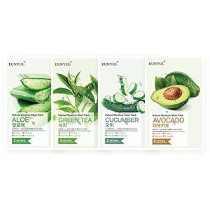 EUNYUL [PACK OF 10] Natural Sheet Mask Pack 10 types Korean Skincare Facial Mask Pack Aloe, Collagen, Pearl, Hyaluron, Avocado, Pomegranate, Vitamin, Blueberry, Green Tea, Cucumber