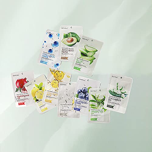 EUNYUL [PACK OF 10] Natural Sheet Mask Pack 10 types Korean Skincare Facial Mask Pack Aloe, Collagen, Pearl, Hyaluron, Avocado, Pomegranate, Vitamin, Blueberry, Green Tea, Cucumber