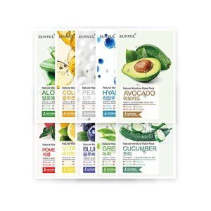 EUNYUL [PACK OF 10] Natural Sheet Mask Pack 10 types Korean Skincare Facial Mask Pack Aloe, Collagen, Pearl, Hyaluron, Avocado, Pomegranate, Vitamin, Blueberry, Green Tea, Cucumber