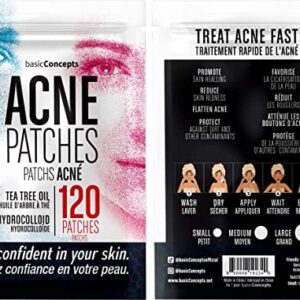 BASIC CONCEPTS Acne Patches (120 Pack), Tea Tree Oil and Hydrocolloid Pimple Patches for Face, Zit Patch (3 Sizes), Blemish Patches, Acne Dots, Pimple Stickers, Acne Patch and Pimple Patch