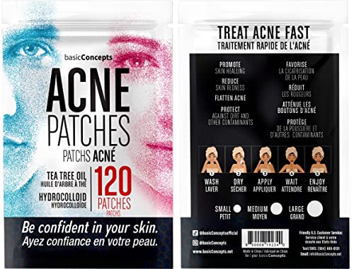 BASIC CONCEPTS Acne Patches (120 Pack), Tea Tree Oil and Hydrocolloid Pimple Patches for Face, Zit Patch (3 Sizes), Blemish Patches, Acne Dots, Pimple Stickers, Acne Patch and Pimple Patch