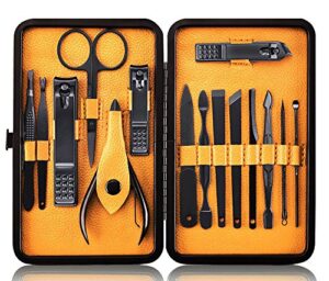 keiby citom professional stainless steel nail clipper travel & grooming kit nail tools manicure & pedicure set of 15pcs with luxurious case (black/yellow)