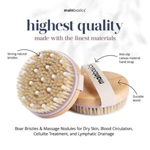 MainBasics Dry Body Brush Exfoliating Body Scrubber - Boar Bristles & Massage Nodules for Dry Skin, Blood Circulation, Cellulite Treatment, and Lymphatic Drainage