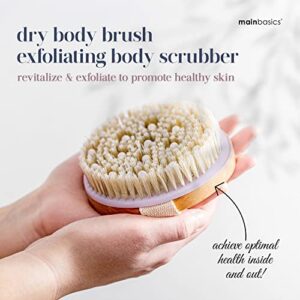 MainBasics Dry Body Brush Exfoliating Body Scrubber - Boar Bristles & Massage Nodules for Dry Skin, Blood Circulation, Cellulite Treatment, and Lymphatic Drainage