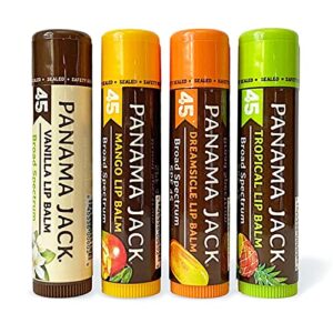 panama jack sunscreen lip balm – spf 45, flavor pack, broad spectrum uva-uvb sunscreen protection, prevents & soothes dry, chapped lips