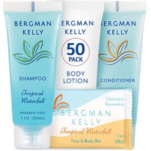 bergman kelly hotel toiletries bundle (tropical waterfall, 1 oz each, 200 pieces) 4-piece set: 50 rectangular bar soap, 50 shampoo, 50 conditioner & 50 body lotion – bulk mini guest amenities