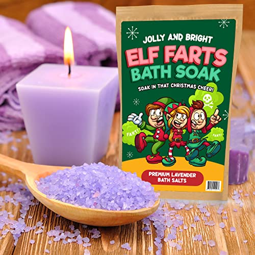 Elf Farts Bath Salts Soak - Unique Holiday Gag Gift for Kids - Funny Christmas Bath Gifts for Teens - Jolly and Bright Unisex Lavender Stocking Stuffers Men