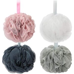 dadymart bath shower loofah sponge 75g bath mesh pouf shower ball body scrubber exfoliating bath sponge for women and men, set of 4, drak grey-pink-grey-white