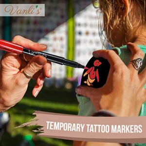 Vanli’s Temporary Tattoo Markers - Skin-Safe Markers - Washable Markers - Fake Tattoo Kit with 6 Body Art Pens & 30 Tattoo Stencils - Stocking Stuffers for Teens - Easter Basket Stuffer