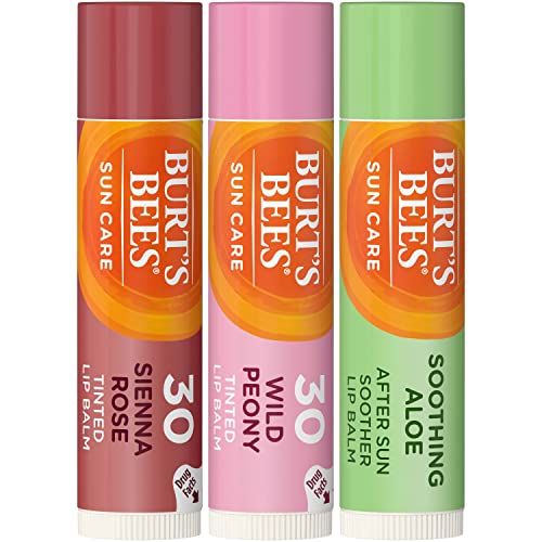 Burt's Bees SPF Lip Balms - 3 Pack Includes SPF 30 Tinted Lip Balms (2) & Soothing Aloe Lip Balm (1) with Aloe Vera, Coconut Oil & Shea Butter to Moisturize Dry Lips & After Sun Care