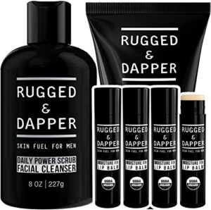 rugged & dapper – hydration remedy lip balm, age defense face moisturizer and daily power scrub facial cleanser