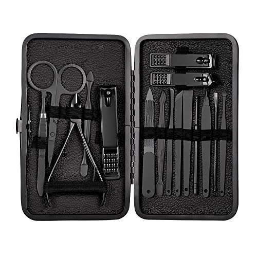 DAIKMZ 7/10/16/18 Pcs Manicure Cutters Nail Clipper Set Household Stainless Steel Ear Spoon Nail Clippers Pedicure Nail Scissors Tool (Color : 16pcs Black)