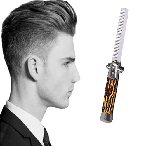 Switchblade Comb 4 Colors Switchblade Spring Folding Knife Push Button Pocket Comb Oil Hair Styling for Hair Beard or Mustache Stocking Stuffers(Imitation Cowbone)