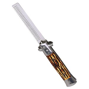 Switchblade Comb 4 Colors Switchblade Spring Folding Knife Push Button Pocket Comb Oil Hair Styling for Hair Beard or Mustache Stocking Stuffers(Imitation Cowbone)