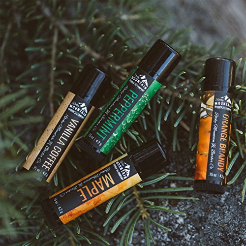 Lip Balm Set - 4 Scents - Maple, Vanilla Coffee, Peppermint, & Orange Brandy - No Shine Matte Finish - Featuring Coconut Oil, Avocado Oil, Bees Wax, & Shea Butter by Rocky Mountain Barber Company