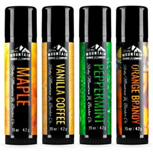 lip balm set – 4 scents – maple, vanilla coffee, peppermint, & orange brandy – no shine matte finish – featuring coconut oil, avocado oil, bees wax, & shea butter by rocky mountain barber company