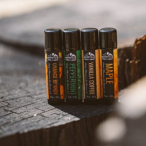 Lip Balm Set - 4 Scents - Maple, Vanilla Coffee, Peppermint, & Orange Brandy - No Shine Matte Finish - Featuring Coconut Oil, Avocado Oil, Bees Wax, & Shea Butter by Rocky Mountain Barber Company