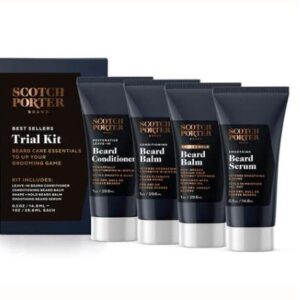 Scotch Porter 4-Piece Beard Trial Kit | Includes Conditioner, Conditioning Balm, Shape + Hold Balm and Serum | 4 1oz Tubes | Formulated for Men with Non-Toxic Ingredients, Free of Parabens, Sulfates & Silicones | Vegan