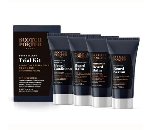 Scotch Porter 4-Piece Beard Trial Kit | Includes Conditioner, Conditioning Balm, Shape + Hold Balm and Serum | 4 1oz Tubes | Formulated for Men with Non-Toxic Ingredients, Free of Parabens, Sulfates & Silicones | Vegan