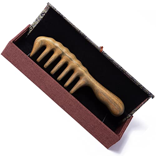 Moreinday Comb Wide Tooth Comb for Curly Hair Detangling Comb Hand Made Wooden Comb Natural Wood Comb for Women Men - Green Sandalwood