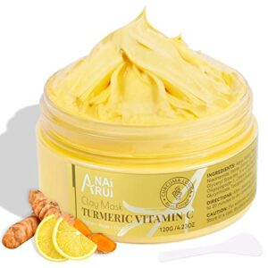 anairui turmeric vitamin c clay mask for dark spots, vitamin c clay facial mask for blackheads, pores, wrinkles, fine lines, hydrating, clarifying, cleansing skincare mask, 4.23 oz