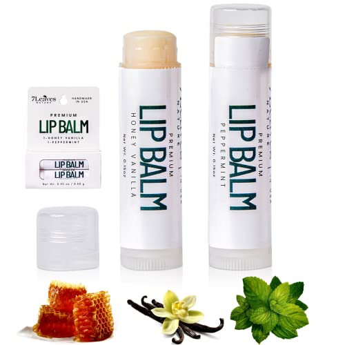 7leaves Nature Premium Lip Balms 2 Pack, Peppermint and Honey Vanilla Flavored Lip Balm, Moisturizing Lip Balm with Beeswax, Coconut Oil, Aloe Vera, Vitamin E, Handmade in USA for Men Women Children