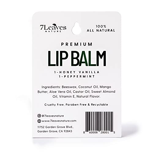 7leaves Nature Premium Lip Balms 2 Pack, Peppermint and Honey Vanilla Flavored Lip Balm, Moisturizing Lip Balm with Beeswax, Coconut Oil, Aloe Vera, Vitamin E, Handmade in USA for Men Women Children