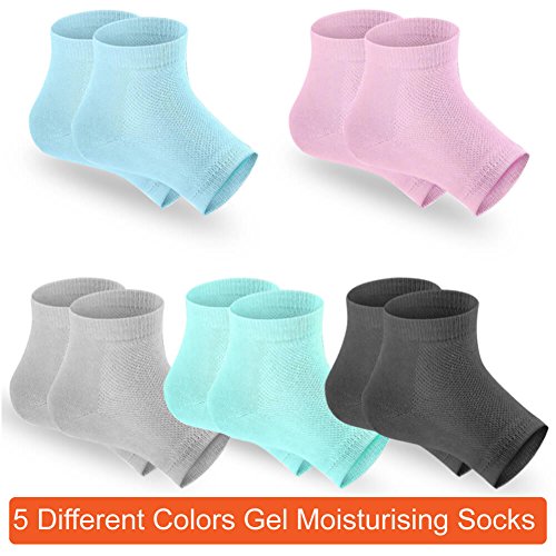 Selizo 5 Pairs Moisturizing Gel Heel Socks Open Toe Socks for Dry Hard Cracked Heels, 5 Colors