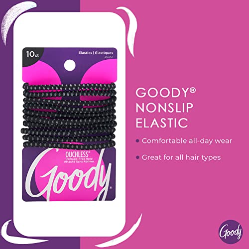 Goody Nonslip Womens Elastic Hair Tie - 10 Count, Black - 4MM for Medium Hair- Ouchless Hair Accessories for Women Perfect for Long Lasting Braids, Ponytails and More - Pain-Free