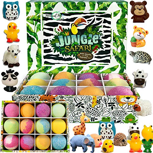 Bath Bombs for Kids with Toys Inside - Set of 12 Organic Bubble Bath Fizzies with Jungle Animal Toys. Gentle and Kids Safe Spa Bath Fizz Balls Kit. Birthday, Valentines Gift for Boys, Girls