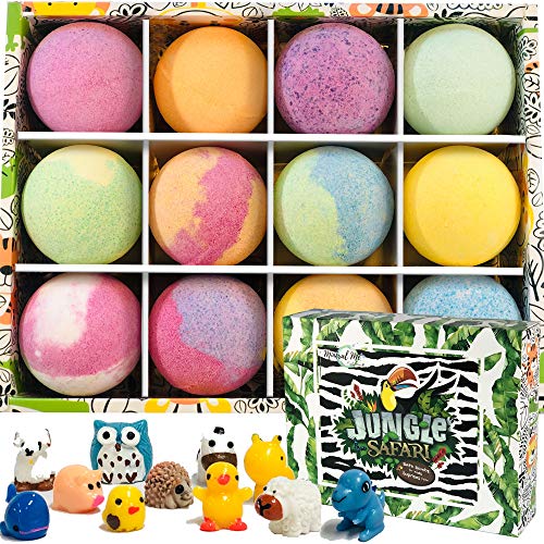 Bath Bombs for Kids with Toys Inside - Set of 12 Organic Bubble Bath Fizzies with Jungle Animal Toys. Gentle and Kids Safe Spa Bath Fizz Balls Kit. Birthday, Valentines Gift for Boys, Girls