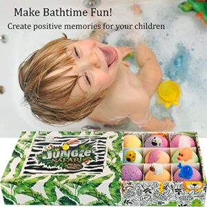 Bath Bombs for Kids with Toys Inside - Set of 12 Organic Bubble Bath Fizzies with Jungle Animal Toys. Gentle and Kids Safe Spa Bath Fizz Balls Kit. Birthday, Valentines Gift for Boys, Girls