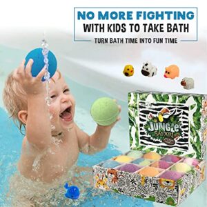 Bath Bombs for Kids with Toys Inside - Set of 12 Organic Bubble Bath Fizzies with Jungle Animal Toys. Gentle and Kids Safe Spa Bath Fizz Balls Kit. Birthday, Valentines Gift for Boys, Girls