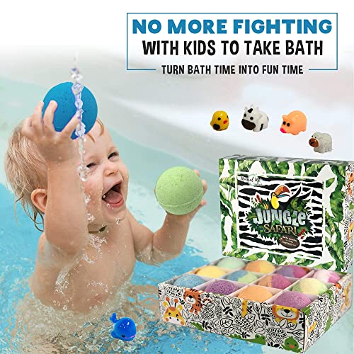 Bath Bombs for Kids with Toys Inside - Set of 12 Organic Bubble Bath Fizzies with Jungle Animal Toys. Gentle and Kids Safe Spa Bath Fizz Balls Kit. Birthday, Valentines Gift for Boys, Girls