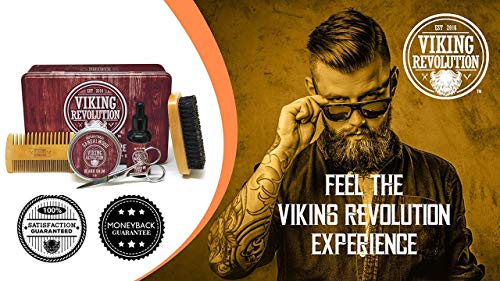 Viking Revolution Beard Grooming Kit for Men - Ultimate Beard Kit - Boar Beard Brush, Wood Beard Comb, Sandalwood Beard Balm, Sandalwood Beard Oil, Beard & Mustache Scissors