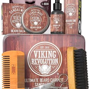 Viking Revolution Beard Grooming Kit for Men - Ultimate Beard Kit - Boar Beard Brush, Wood Beard Comb, Sandalwood Beard Balm, Sandalwood Beard Oil, Beard & Mustache Scissors