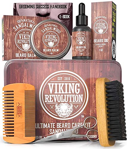 Viking Revolution Beard Grooming Kit for Men - Ultimate Beard Kit - Boar Beard Brush, Wood Beard Comb, Sandalwood Beard Balm, Sandalwood Beard Oil, Beard & Mustache Scissors