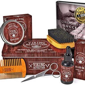 Viking Revolution Beard Grooming Kit for Men - Ultimate Beard Kit - Boar Beard Brush, Wood Beard Comb, Sandalwood Beard Balm, Sandalwood Beard Oil, Beard & Mustache Scissors