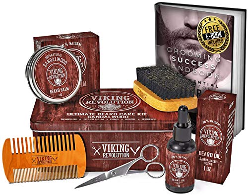 Viking Revolution Beard Grooming Kit for Men - Ultimate Beard Kit - Boar Beard Brush, Wood Beard Comb, Sandalwood Beard Balm, Sandalwood Beard Oil, Beard & Mustache Scissors