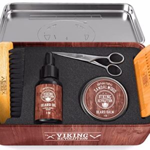 Viking Revolution Beard Grooming Kit for Men - Ultimate Beard Kit - Boar Beard Brush, Wood Beard Comb, Sandalwood Beard Balm, Sandalwood Beard Oil, Beard & Mustache Scissors